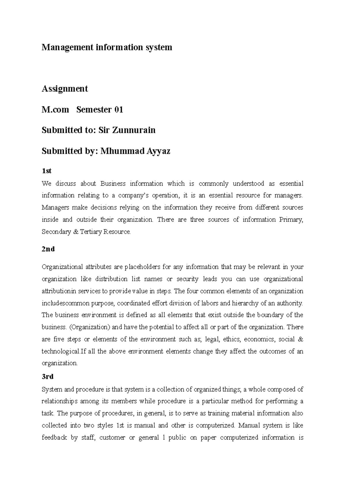 Summary Managemnt - Management information system Assignment M Semester ...