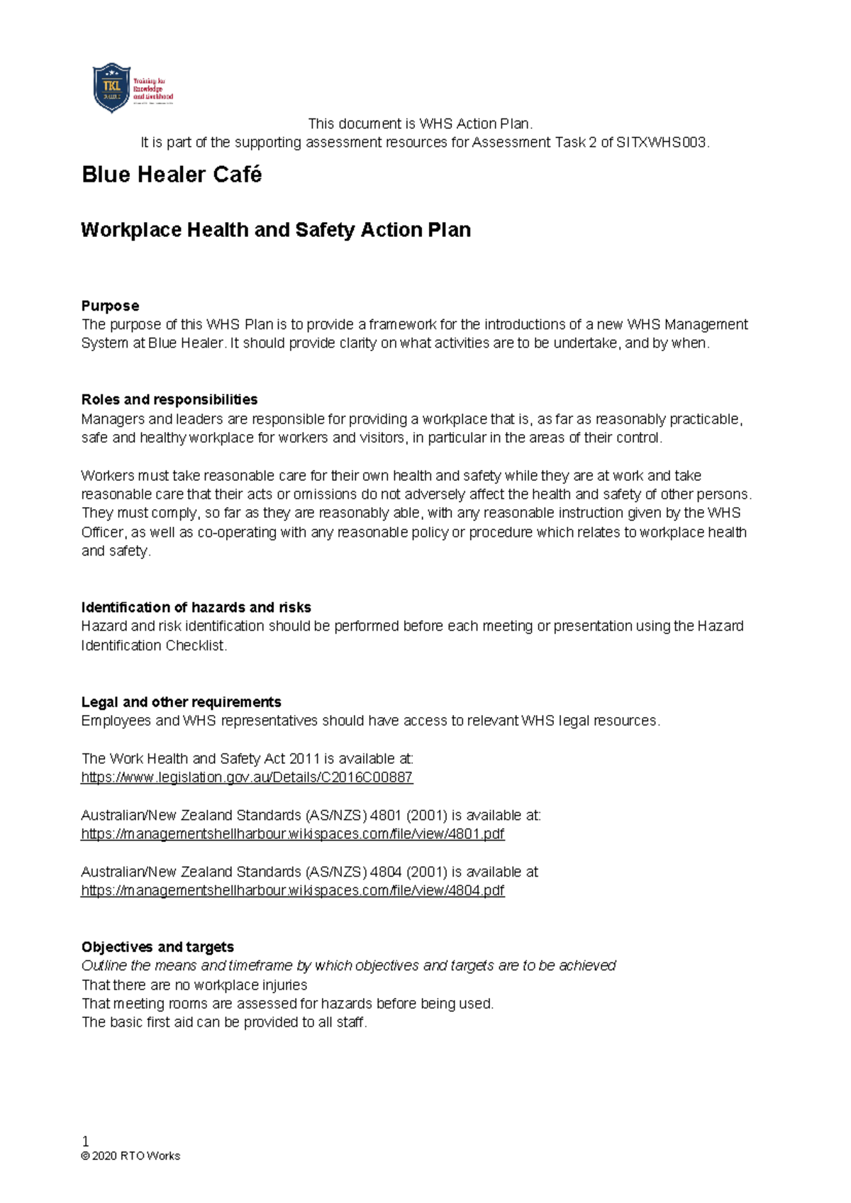 WHS Action Plan - Dcfc - It is part of the supporting assessment ...