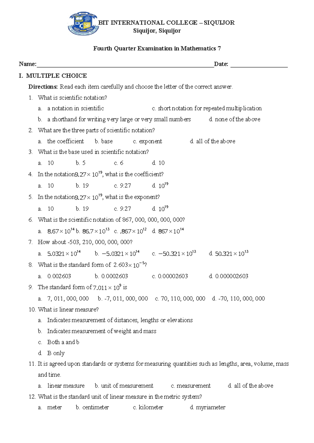 Math 7&8 Testpaper - BIT INTERNATIONAL COLLEGE – SIQUIJOR Siquijor ...