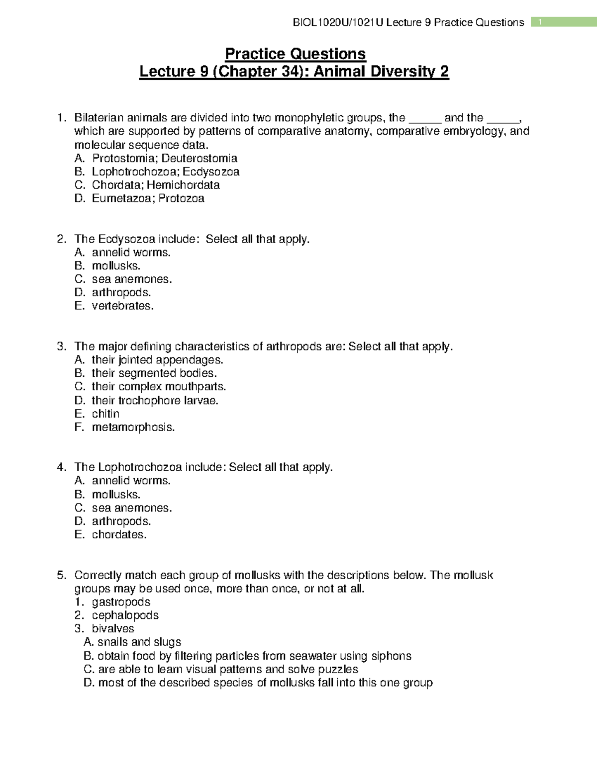 BIOL1020 Lecture 9 Practice Qs - BIOL1020U/1021U Lecture 9 Practice ...