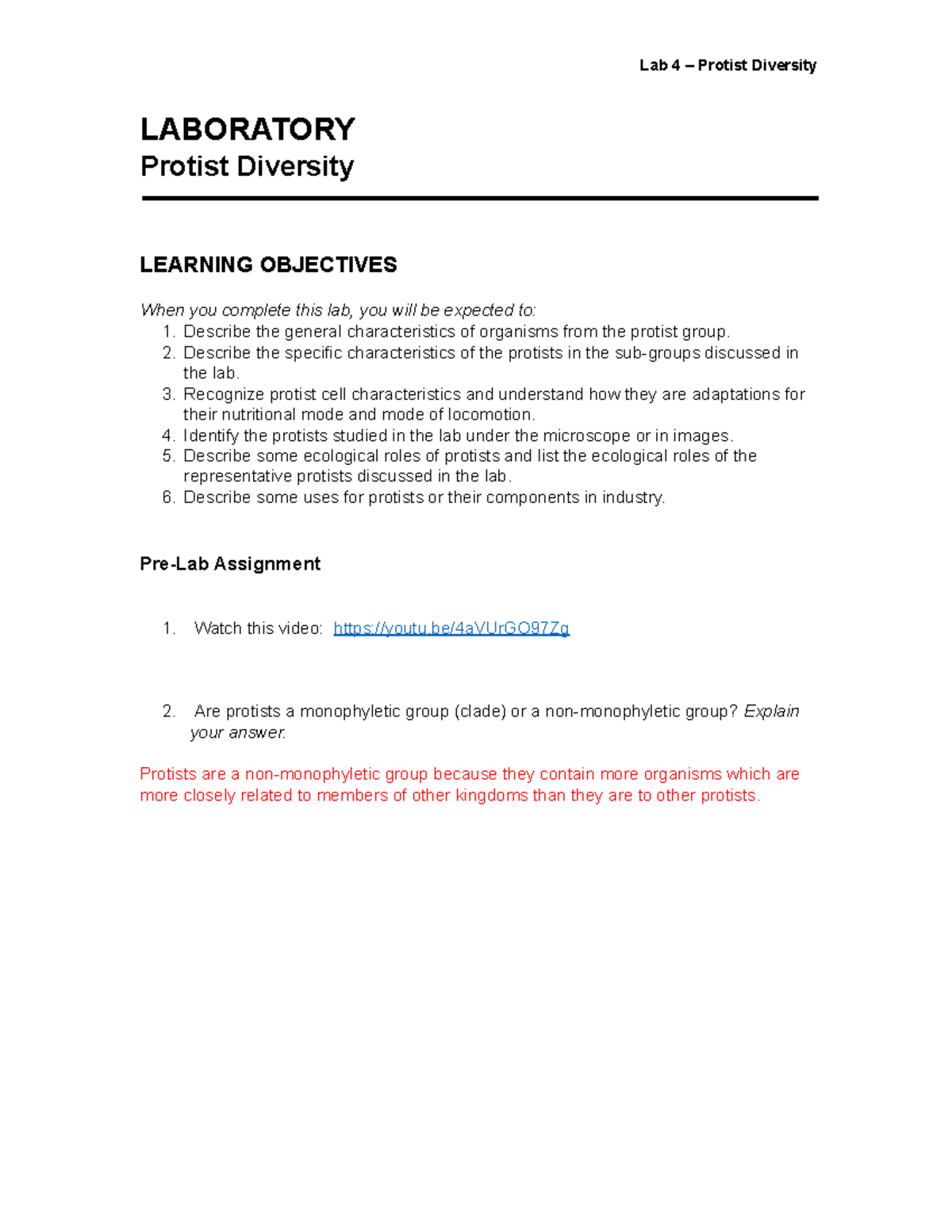 Protista Diversity Lab - Lab 4 – Protist Diversity LABORATORY Protist Diversity LEARNING ...