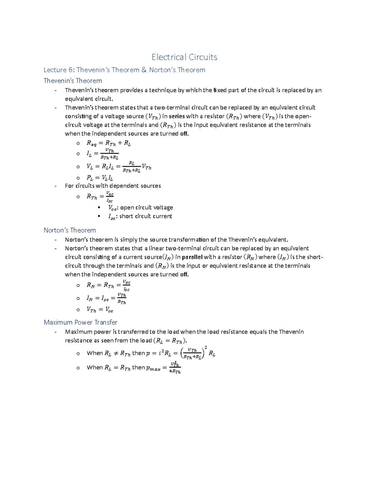 Electrical Circuits Lecture 6,7,8 summary - Electrical Circuits Lecture 6: Thevenin’s Theorem ...