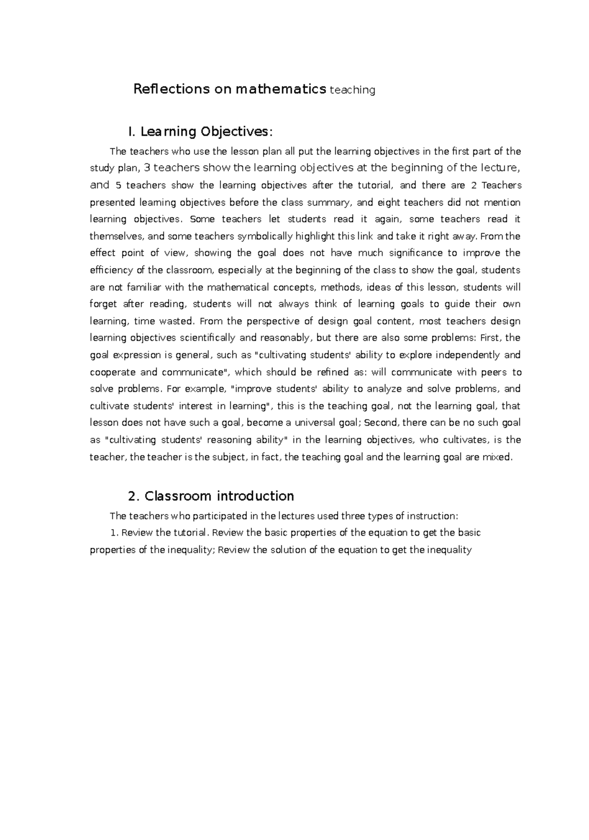 Reflections on mathematics teaching - Learning Objectives: The teachers ...