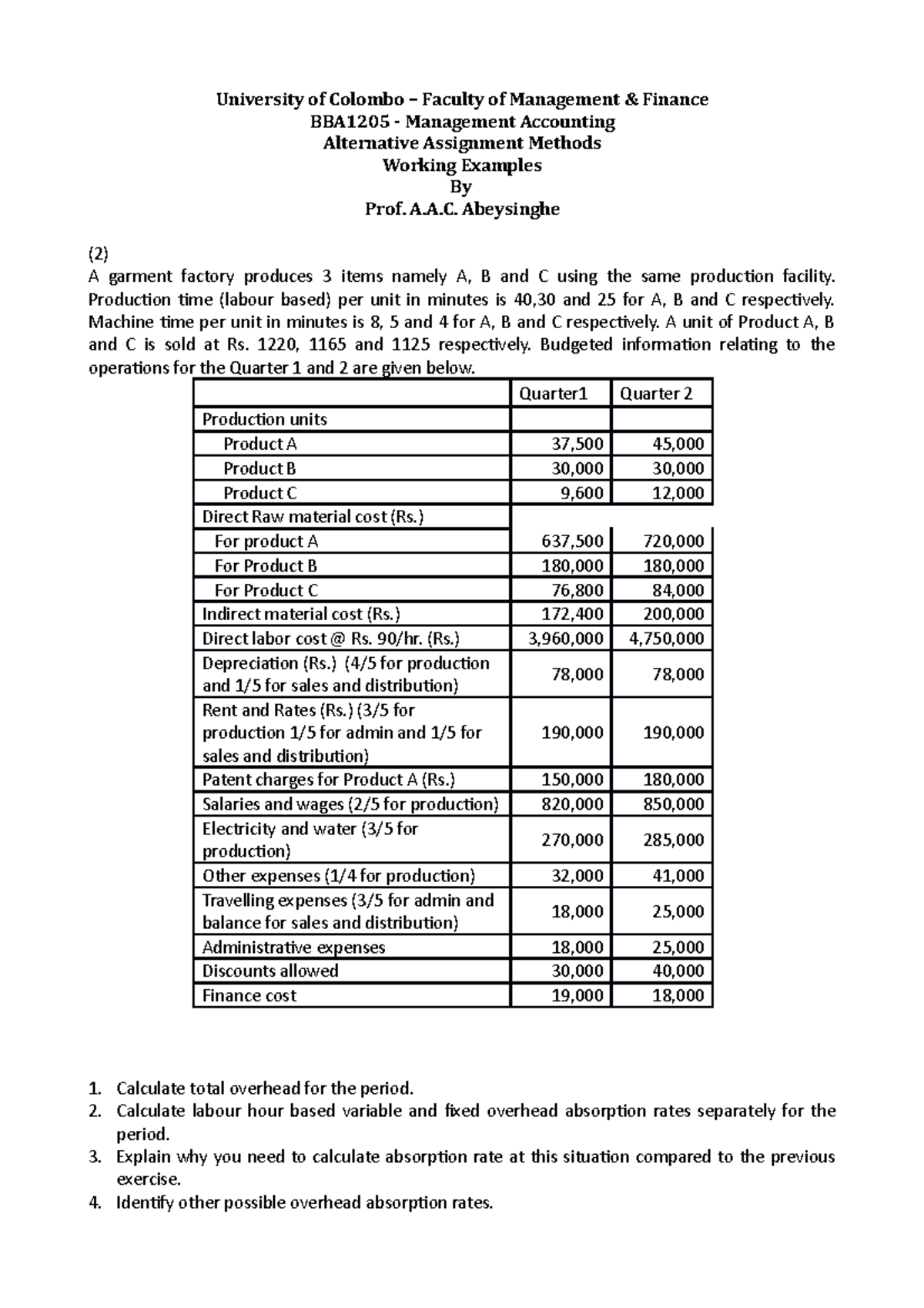 Q1 - Management accounting question - University of Colombo – Faculty ...
