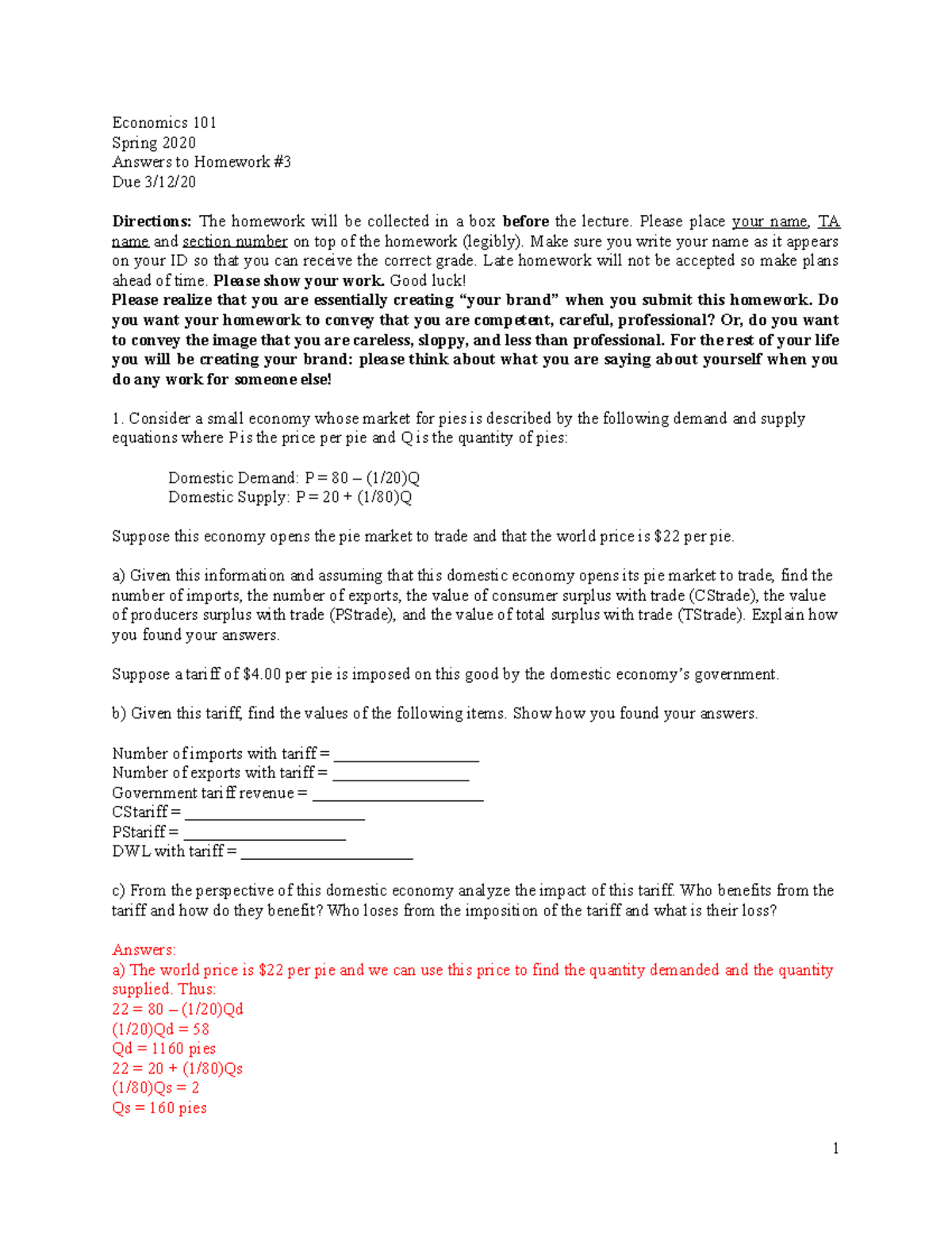 Answerstohomework 3spring 2020 - Economics 101 Spring 2020 Answers to ...