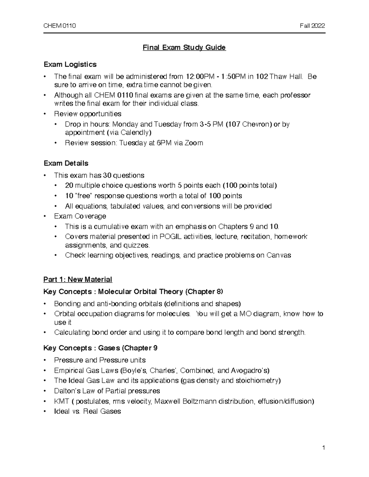 Final Study Guide - Final Exam Study Guide Exam Logistics The final ...