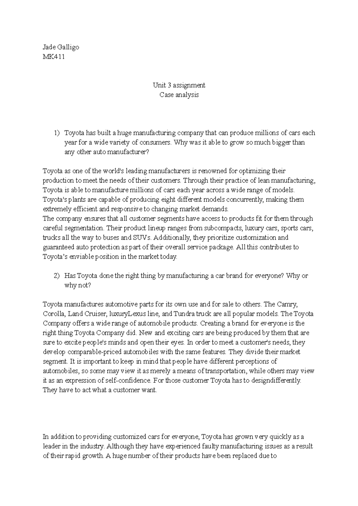 Case analysis 1 - Jade Galligo MK Unit 3 assignment Case analysis ...