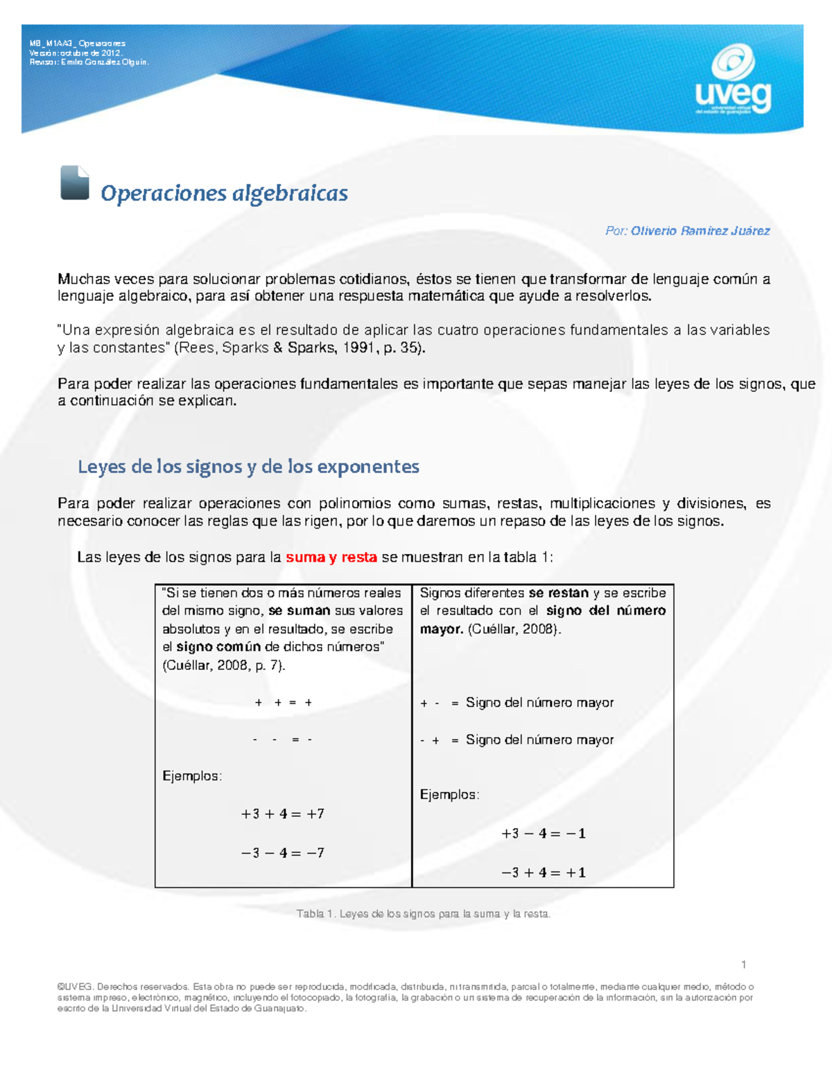 01operaciones - Operaciones lineales - Versión: octubre de 2012. Revisor: Emilio González Olguín ...