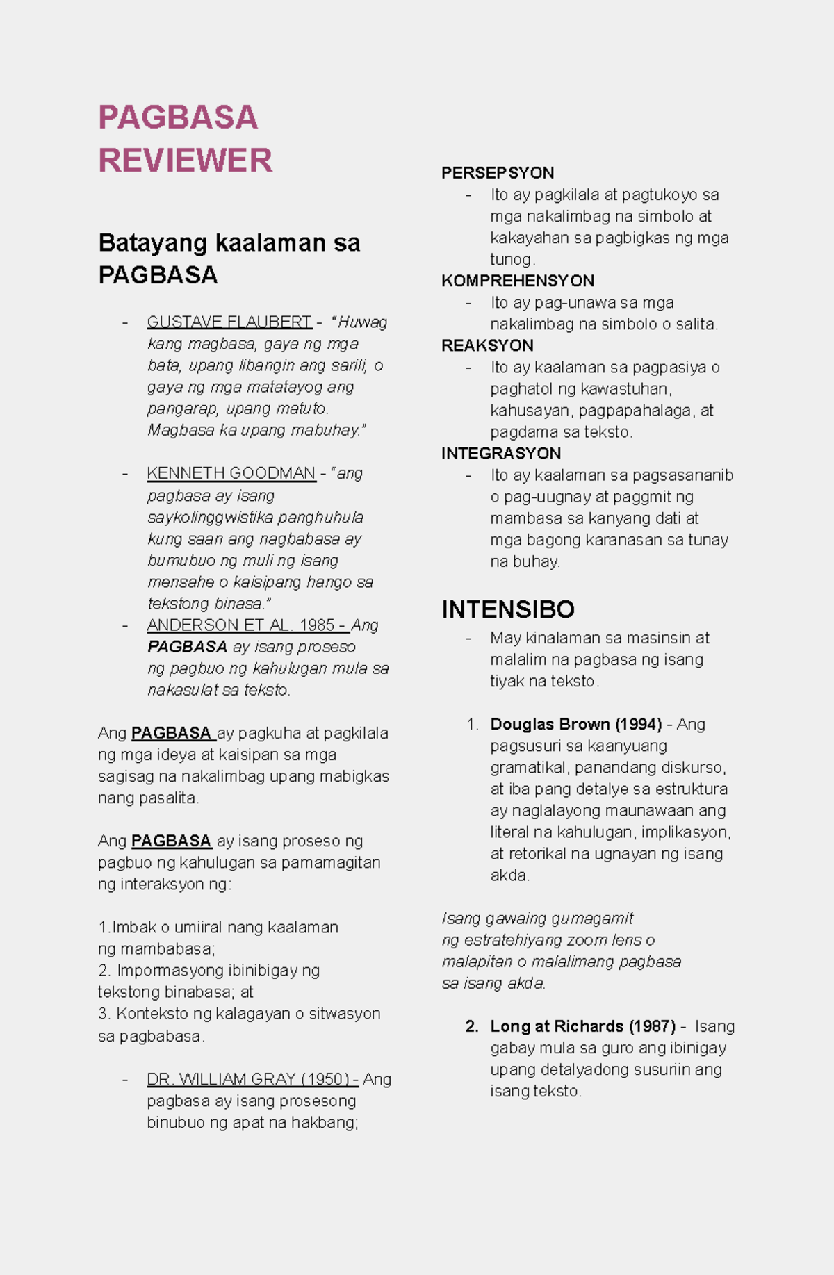 Pagbasa Reviewer - PAGBASA REVIEWER Batayang kaalaman sa PAGBASA ...