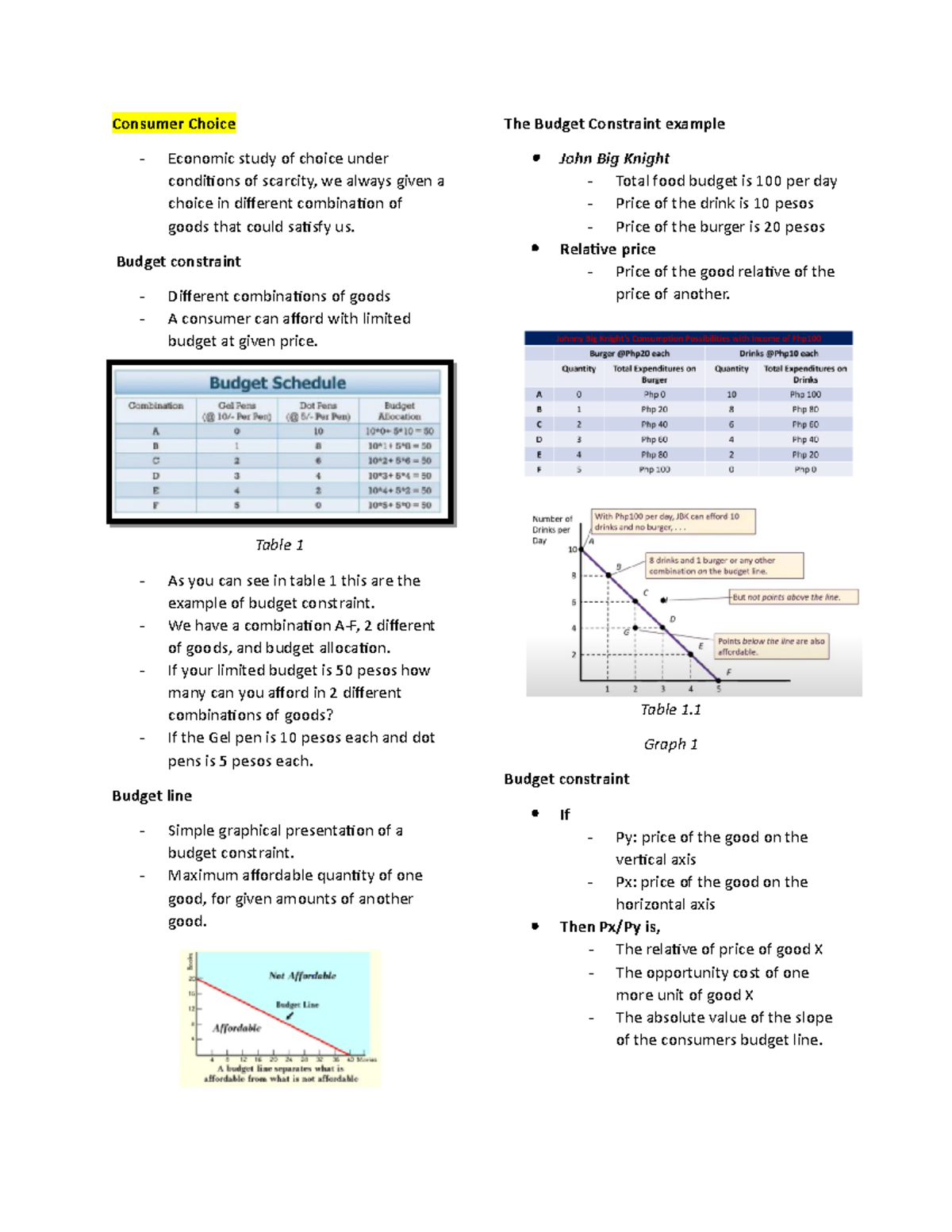 Consumer Choice - Budget constraint - Different combinations of goods ...
