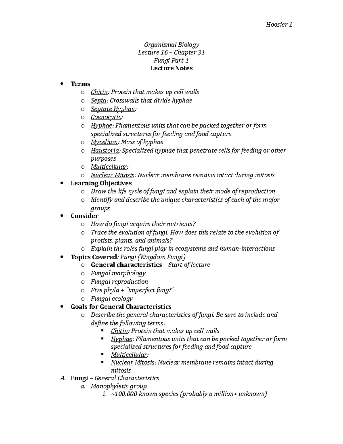 Ch.31 Lecture 16 Notes – Fungi Part I - Hoosier 1 Organismal Biology ...