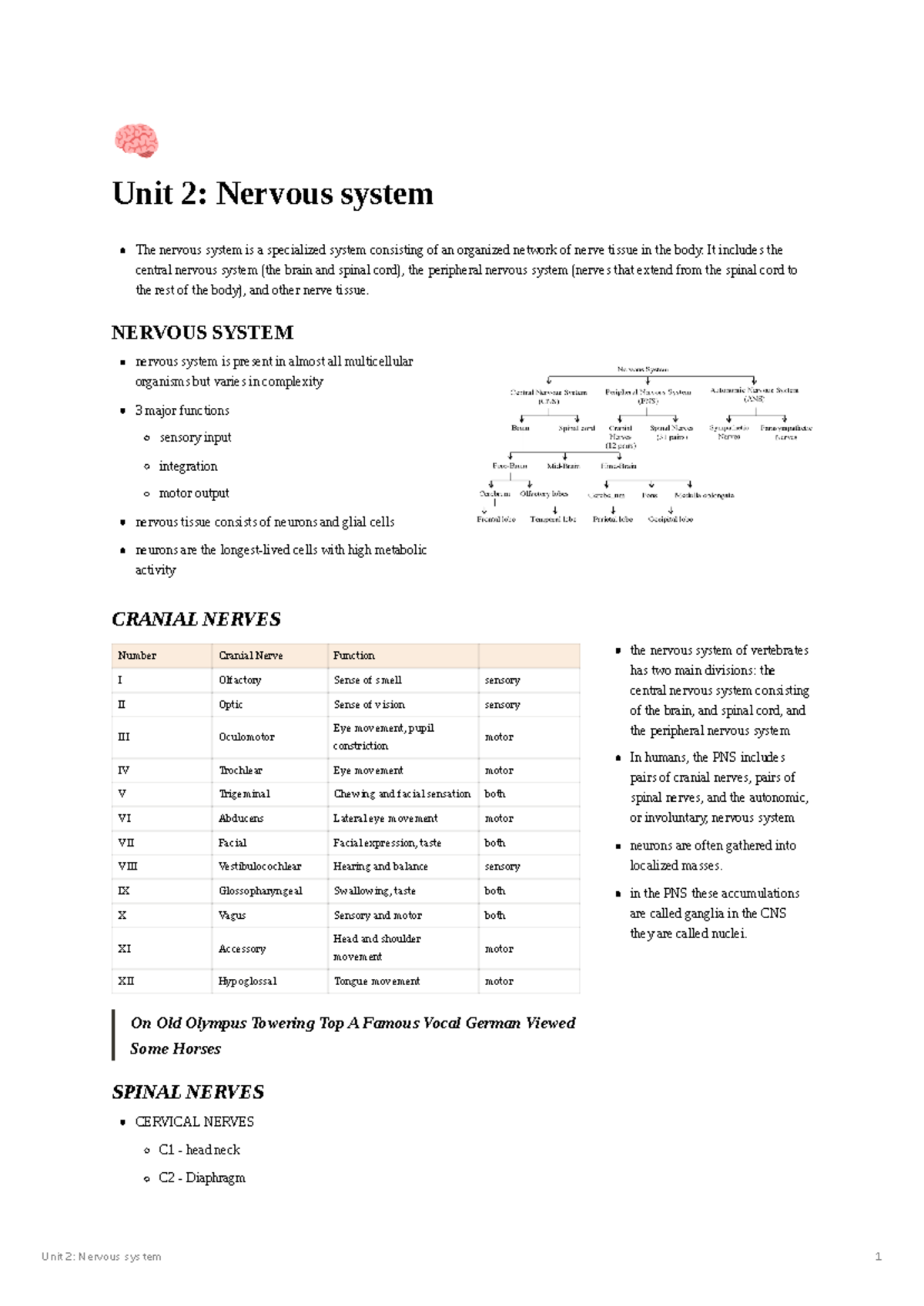 Unit 2 Nervous system - 🧠 Unit 2: Nervous system The nervous system is ...