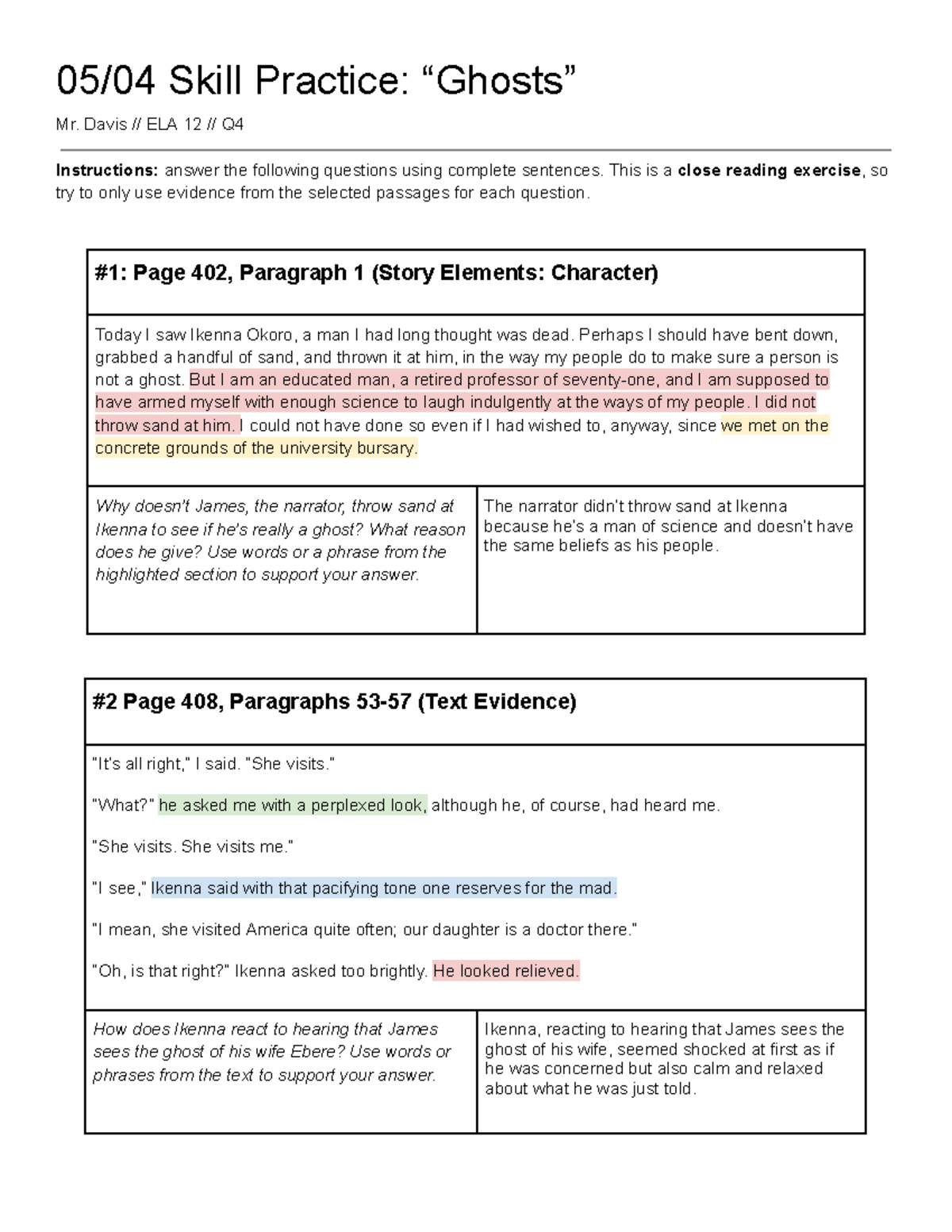 Extensive Thinking - 05/04 Skill Practice: “Ghosts” Mr. Davis // ELA 12 ...