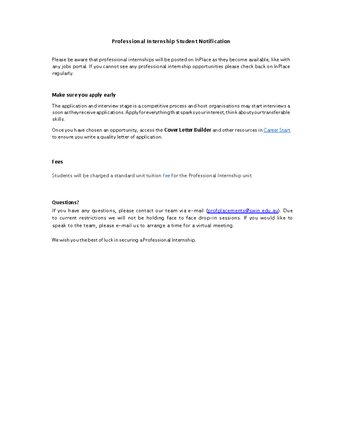 Professional Internship Student Notification - If you cannot see any ...