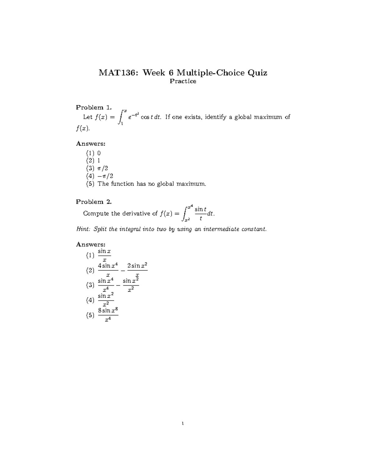 W6 Multiple Choice Quiz Practice-2 - MAT136: Week 6 Multiple-Choice Quiz Practice Problem 1 ...
