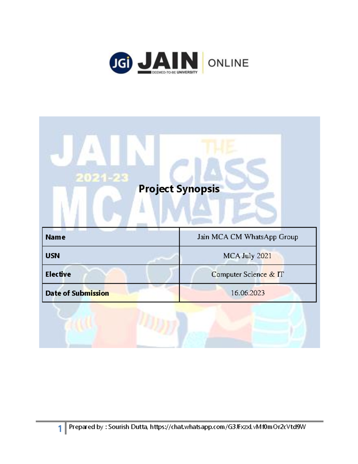 Project Synopsis Template - MCA-Sample Synopsis - 1 Prepared by ...