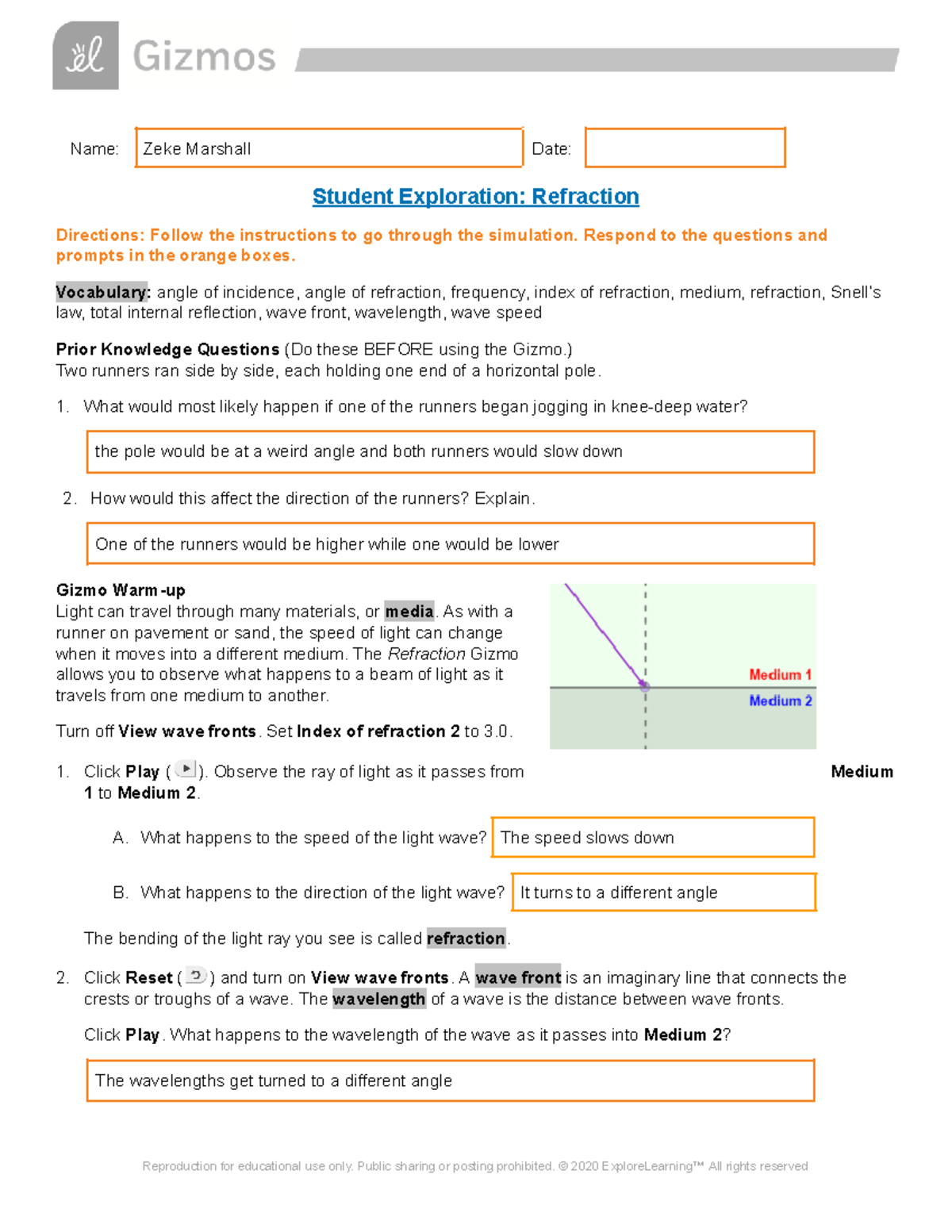 Gizmo station Refraction SE - Name: Zeke Marshall Date: Student ...