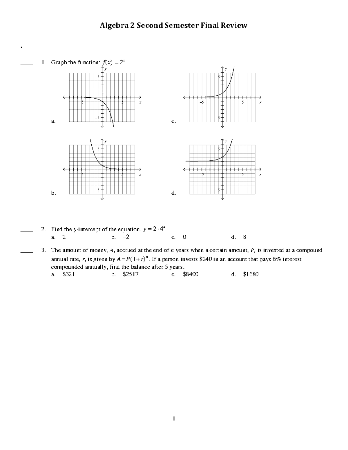 Exam View - Alg2 S2 Final Review - Algebra 2 Second Semester Final ...