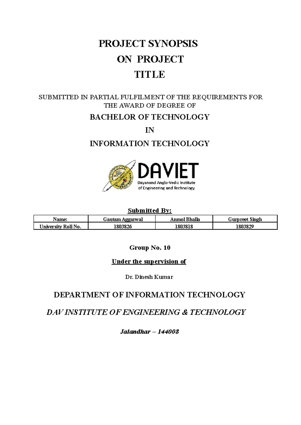 Project Synopsis format - PROJECT SYNOPSIS ON PROJECT TITLE SUBMITTED ...
