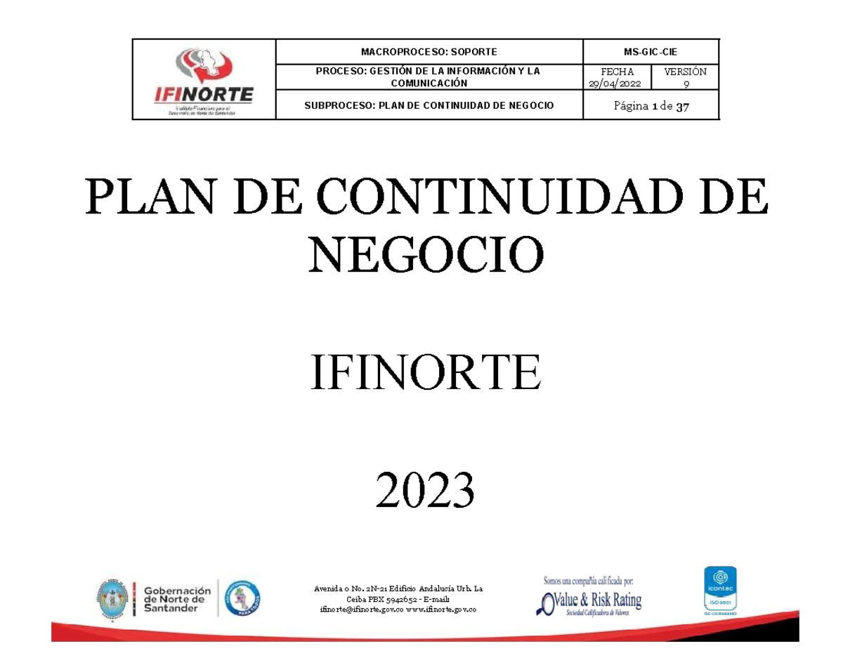 3. PLAN DE Continuidad DEL Negocio - PROCESO: GESTIÓN DE LA INFORMACIÓN Y LA COMUNICACIÓN FECHA ...