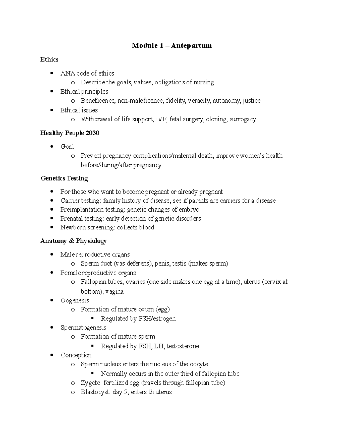 OB Exam 1 Study Guide - Module 1 – Antepartum Ethics ANA code of ethics ...