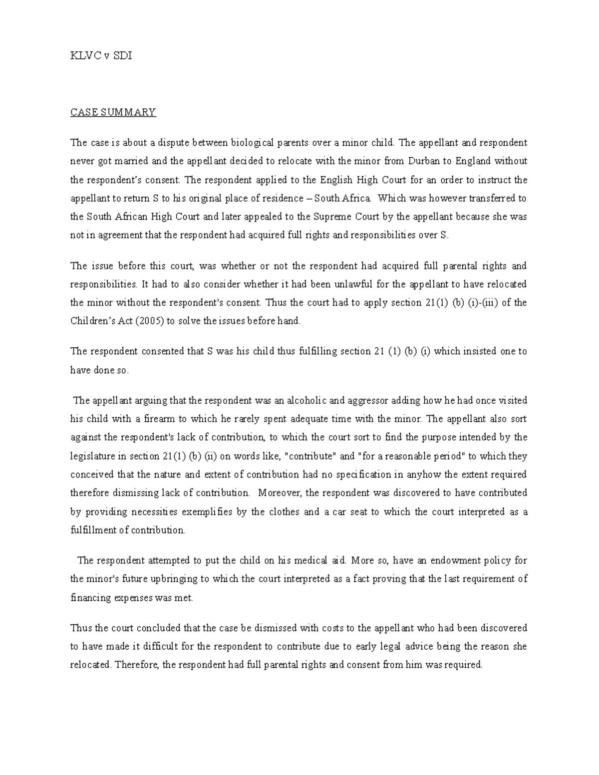 The case summary KLVC V SDI on the rights of children - Wits University ...