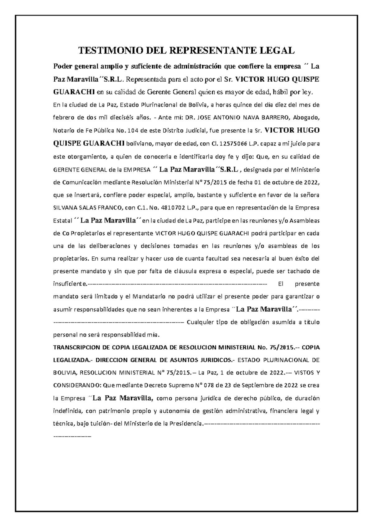 Testimonio DEL Representante Legal - TESTIMONIO DEL REPRESENTANTE LEGAL ...