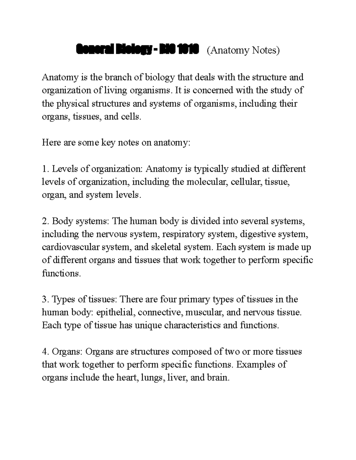 BIO - Anatomy Notes - General Biology - BIO 1010 (Anatomy Notes ...