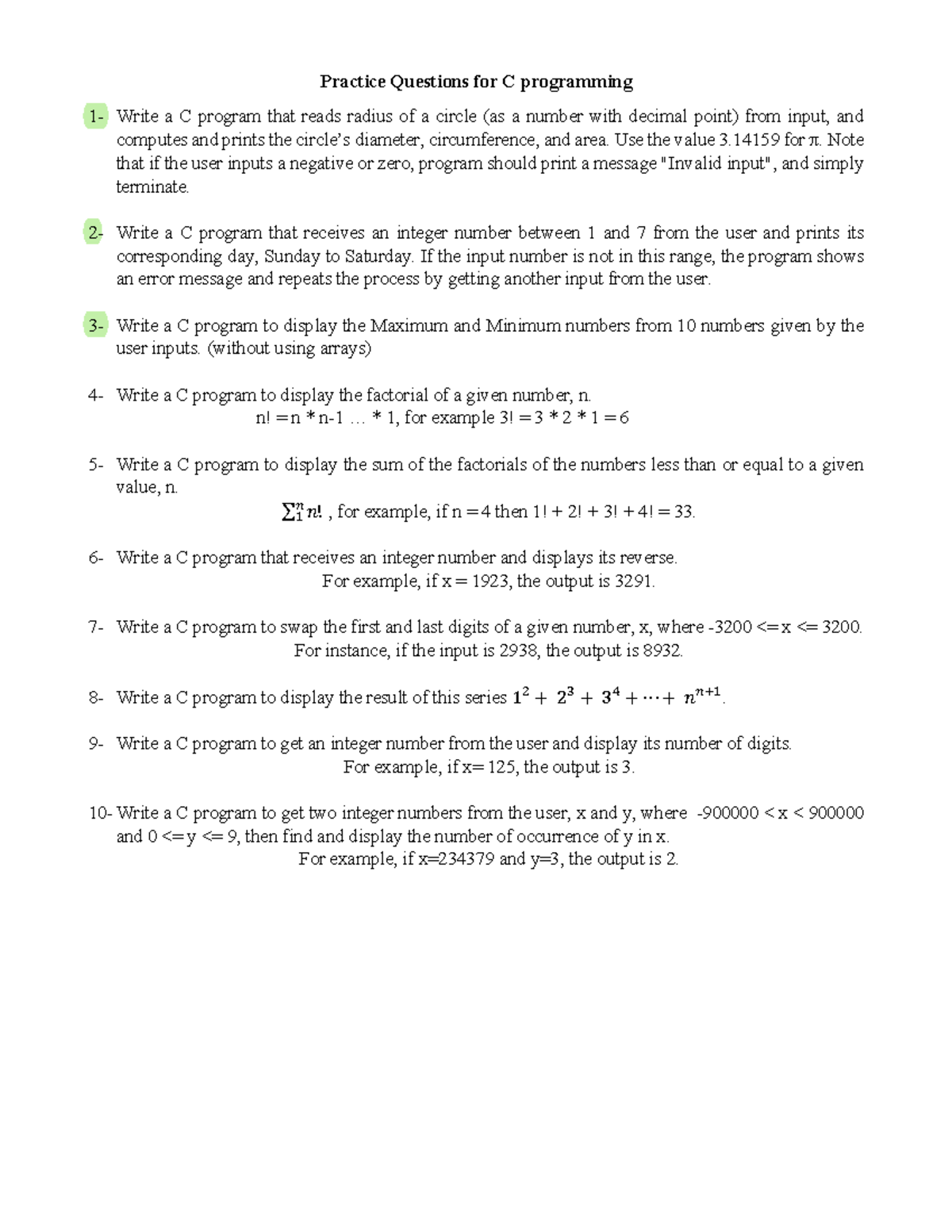 Midterm practice questions - Practice Questions for C programming 1 ...