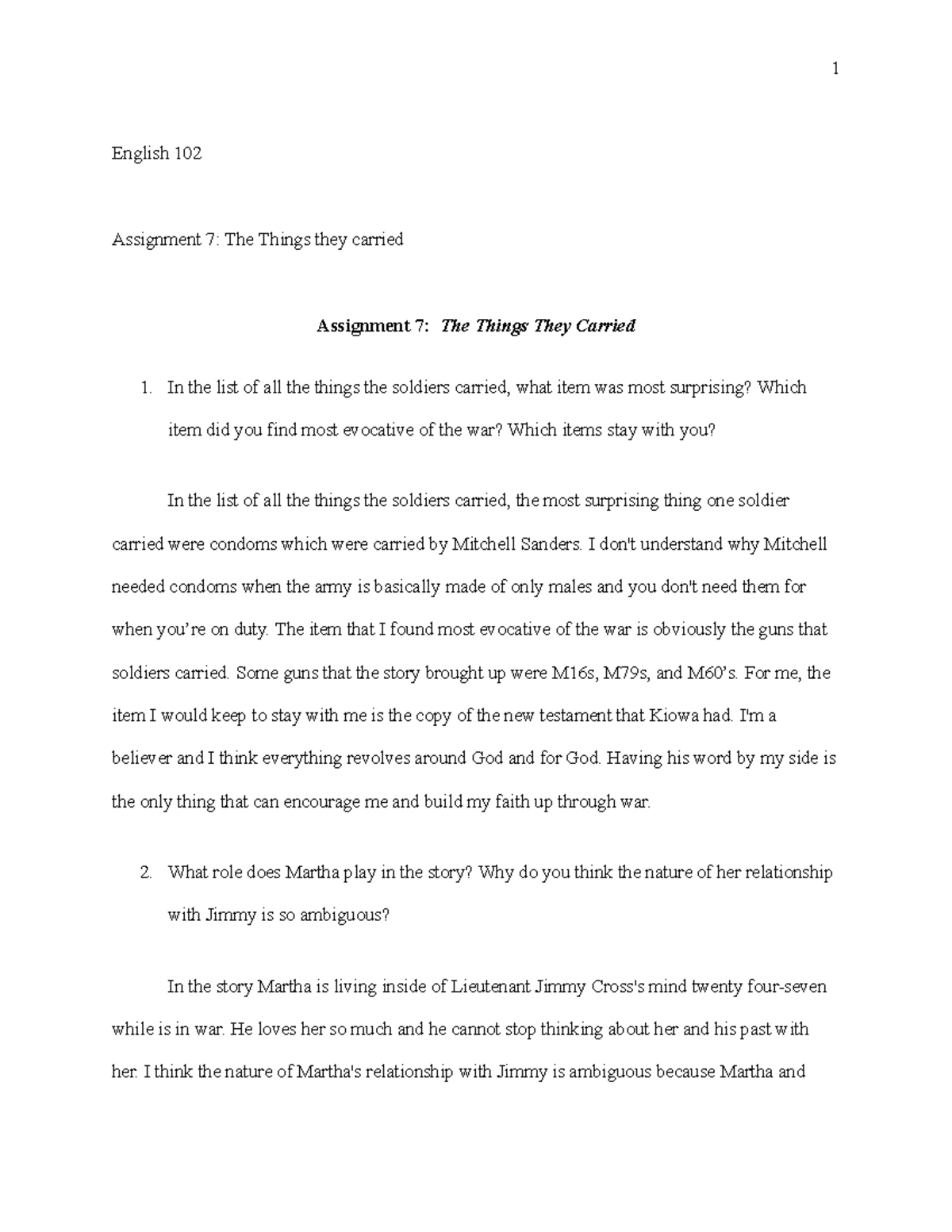 Assignment 7: The Things They Carried - 1 English 102 Assignment 7: The ...