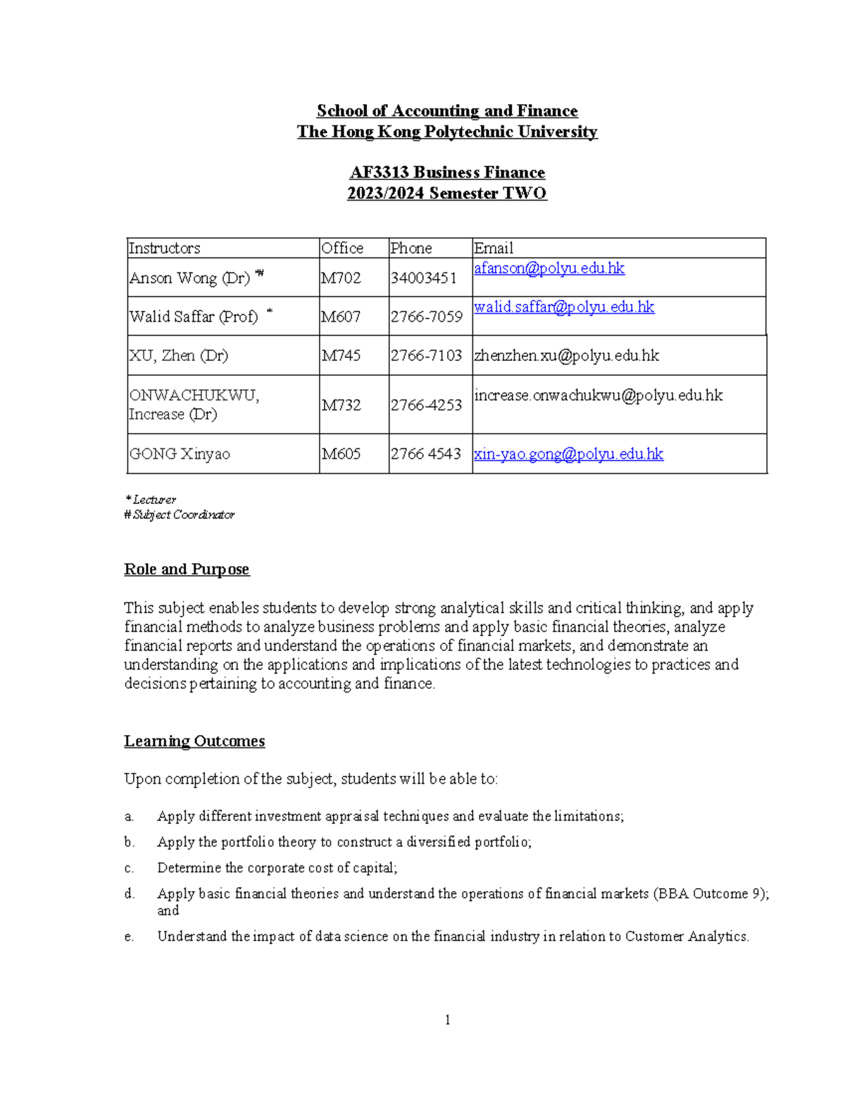 Revised - AF3313 Course Outline Sem 2 2023-2024 - School of Accounting ...