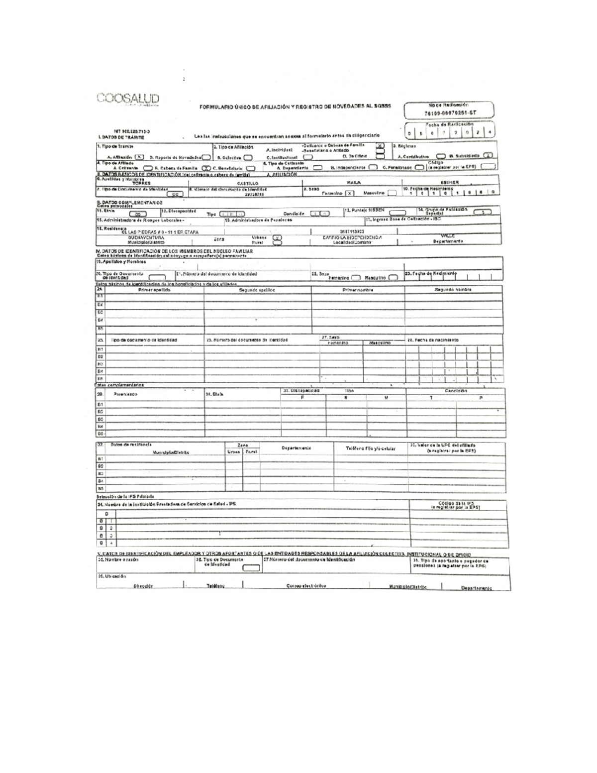 Mayla Salud - oresuuuu u - COOSALUD FORMULARIO ÚNICO DE AFILIACIÓN Y ...