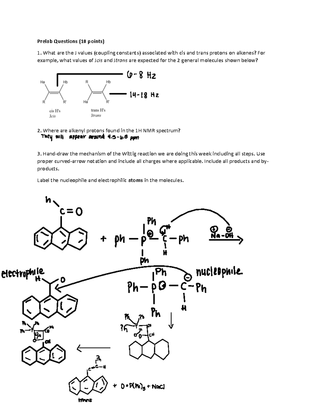 Prelab Wittig - Prelab Questions (10 p oints) What are the J values (coupling constants ...