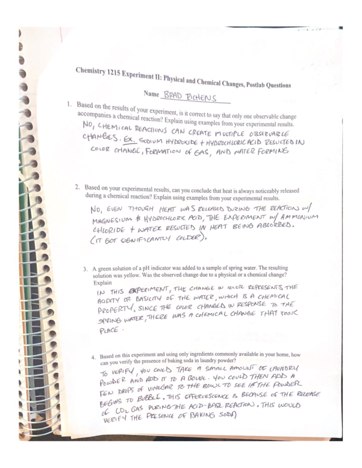 Experiment 1 post lab - Post lab questions - CHEM 1215 - Studocu