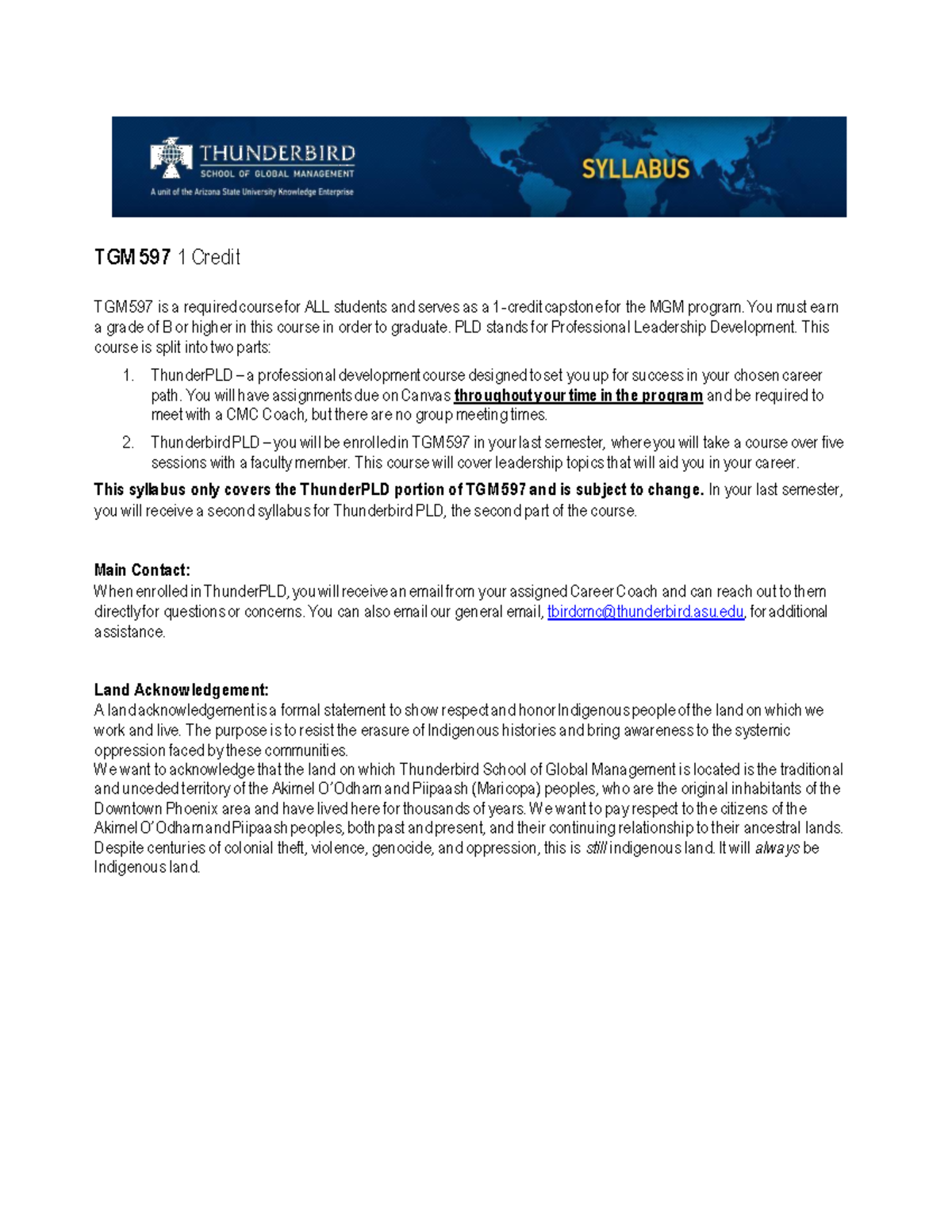 Thunder PLD Syllabus - MGM 18 - TGM 597 1 Credit TGM 597 is a required ...