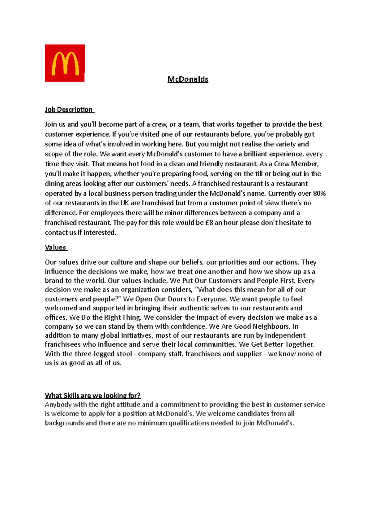 Mc Donalds job advert - This work is notes from my lesson that i have ...