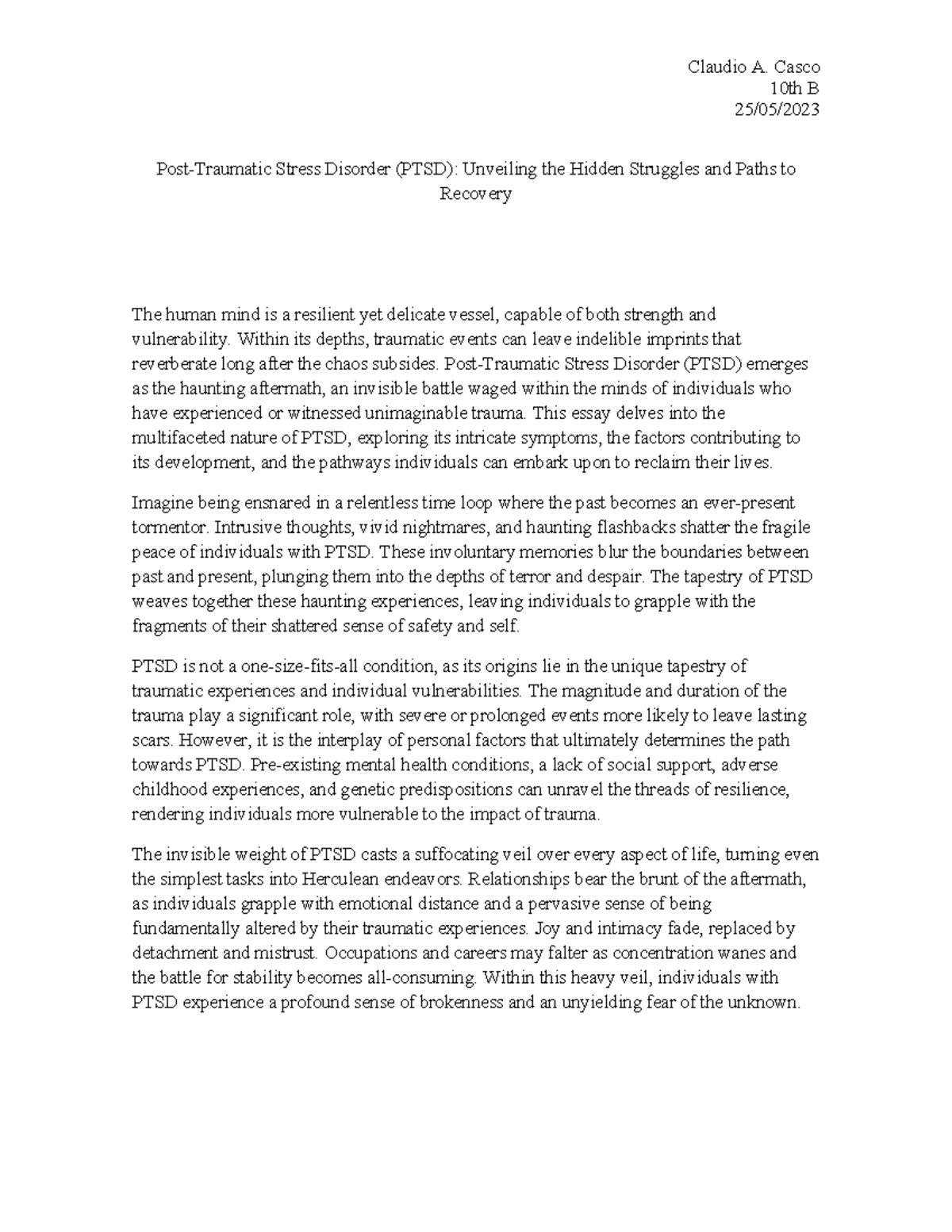 PSTD Essay - Claudio A. Casco 10th B 25/05/ Post-Traumatic Stress ...