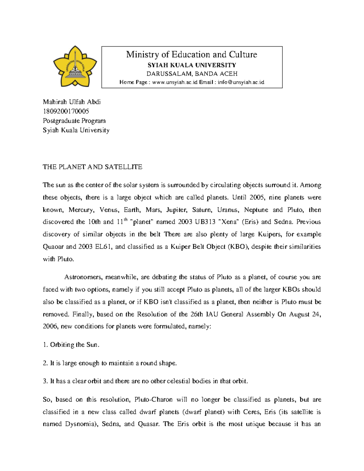 The Planet and Satelite - Mahirah Ulfah Abdi 1809200170005 Postgraduate ...