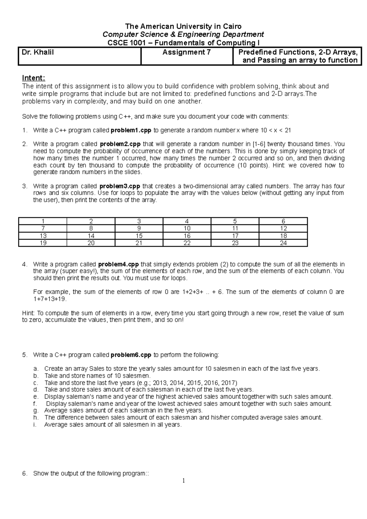 CSCE1001Ass7- foundations of computing (Functions & Arrays) - The American University in Cairo ...