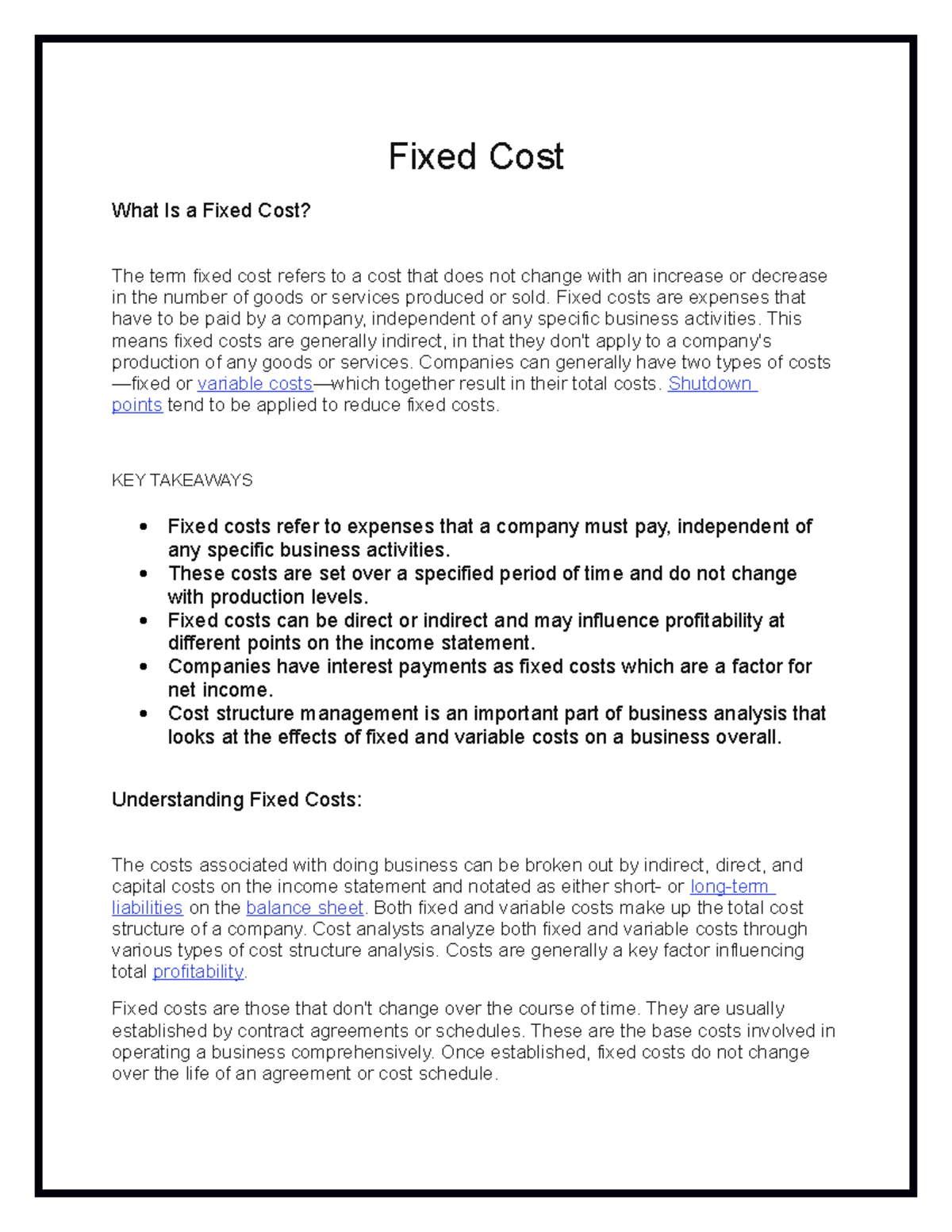 Fixed Cost, What Is a Fixed Cost, KEY TAKEAWAYS, Understanding Fixed ...