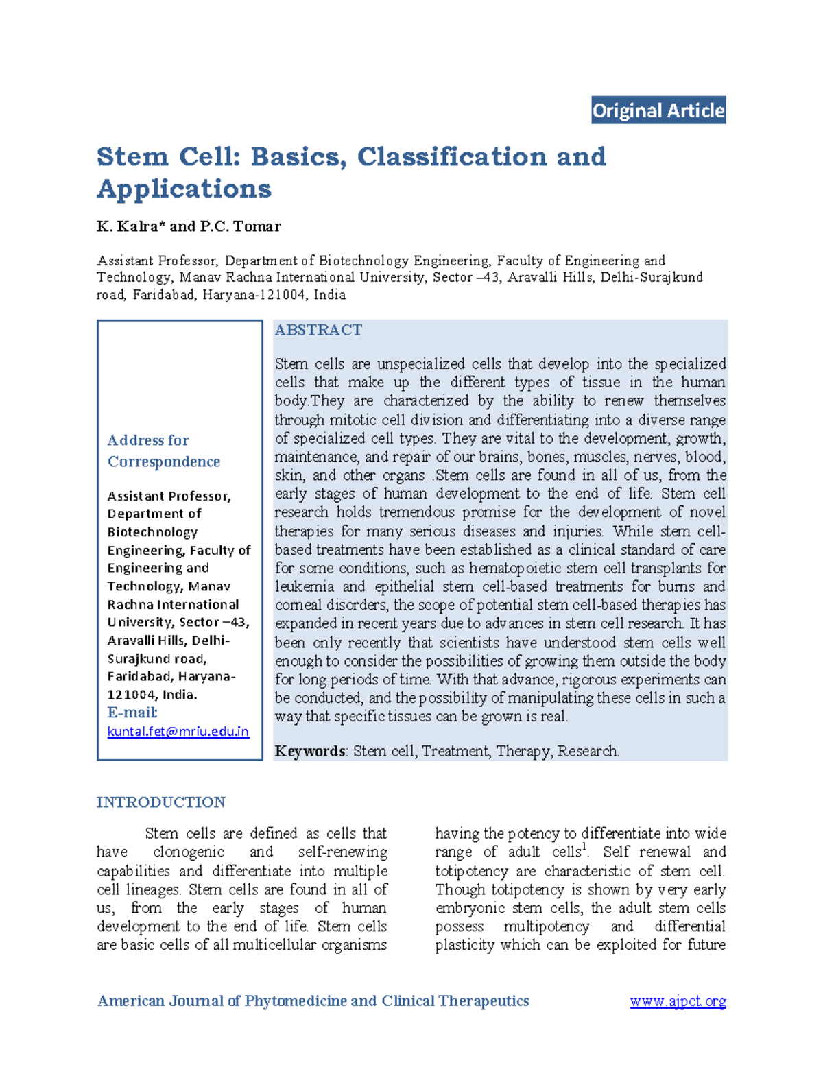 Stem cell basics classification andapplications - American Journal of ...