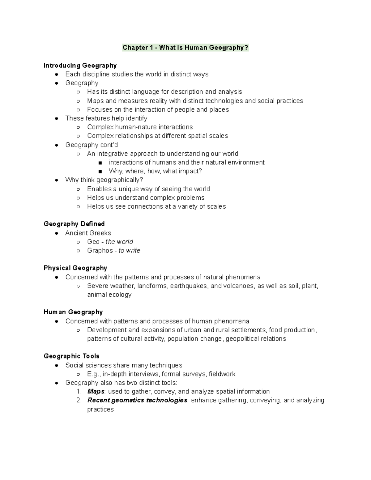 Geog 220 in class notes - Chapter 1 - What is Human Geography ...
