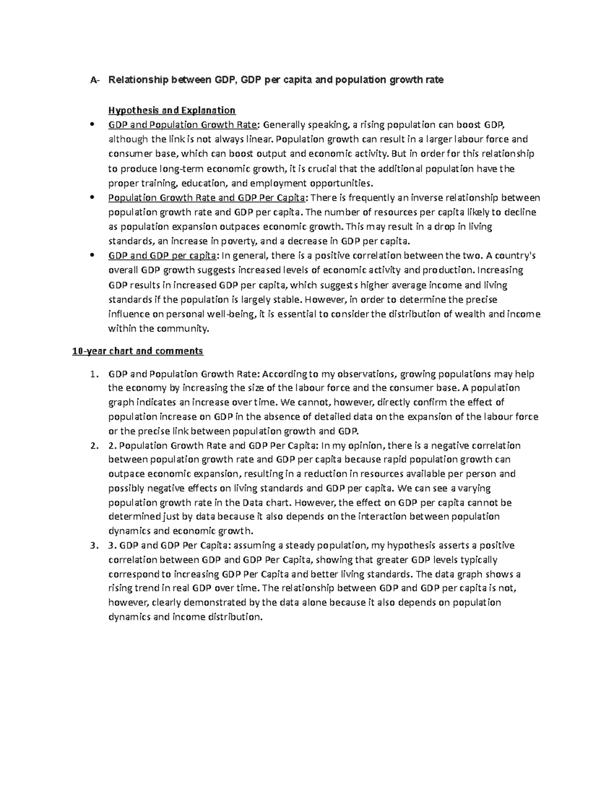 Hypothesis and Explanation - A- Relationship between GDP, GDP per ...