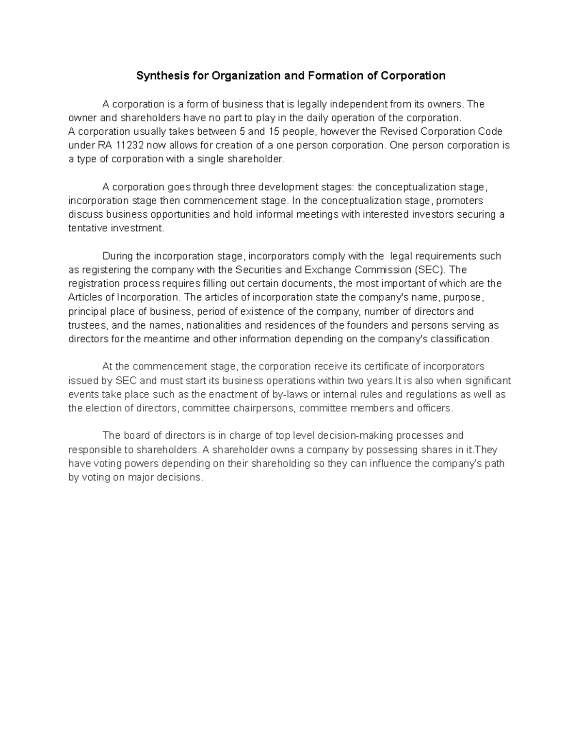 Corporation Synthesis - Synthesis for Organization and Formation of ...