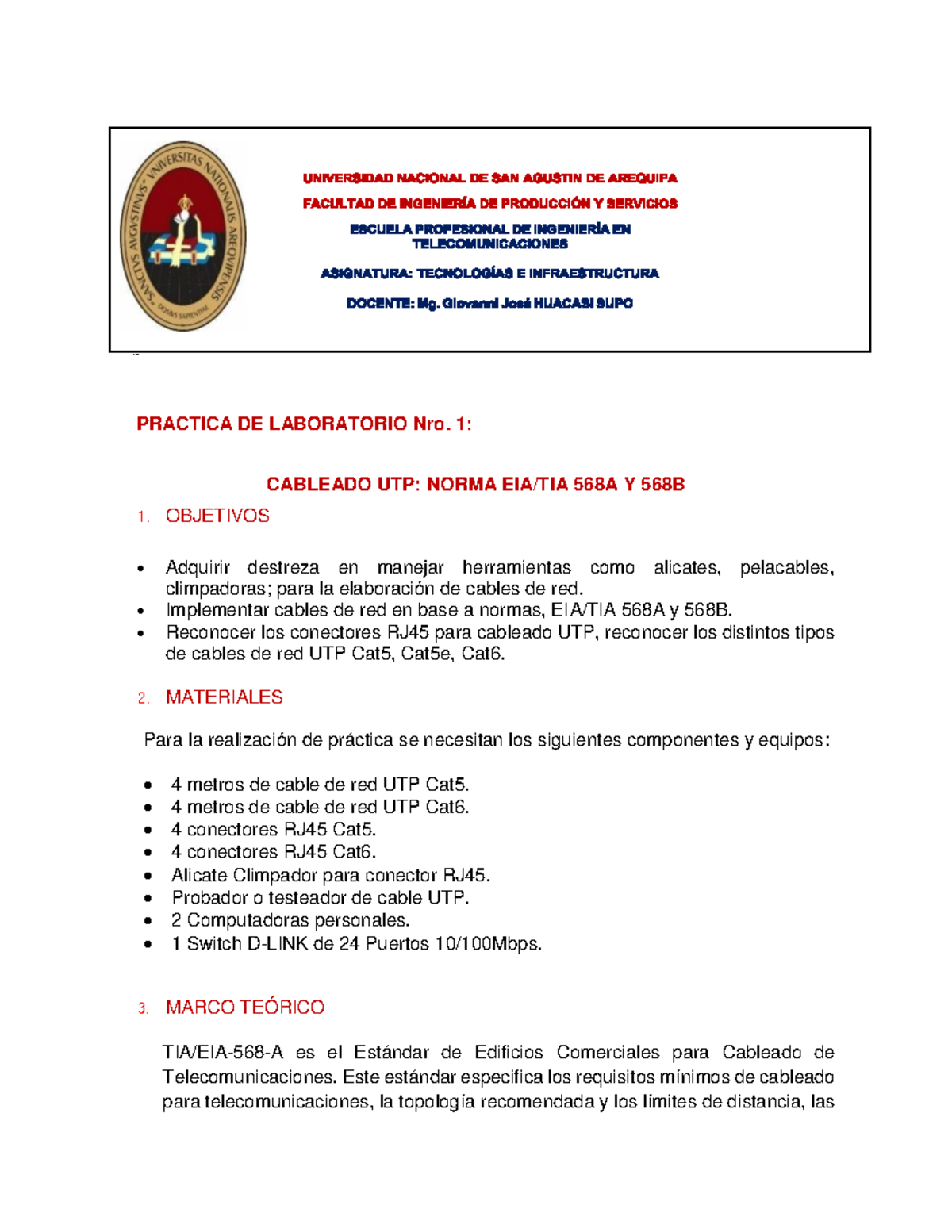 Practica DE Laboratorio Nro 1 Cable UTP norma eia tia 568 a y b - b ...