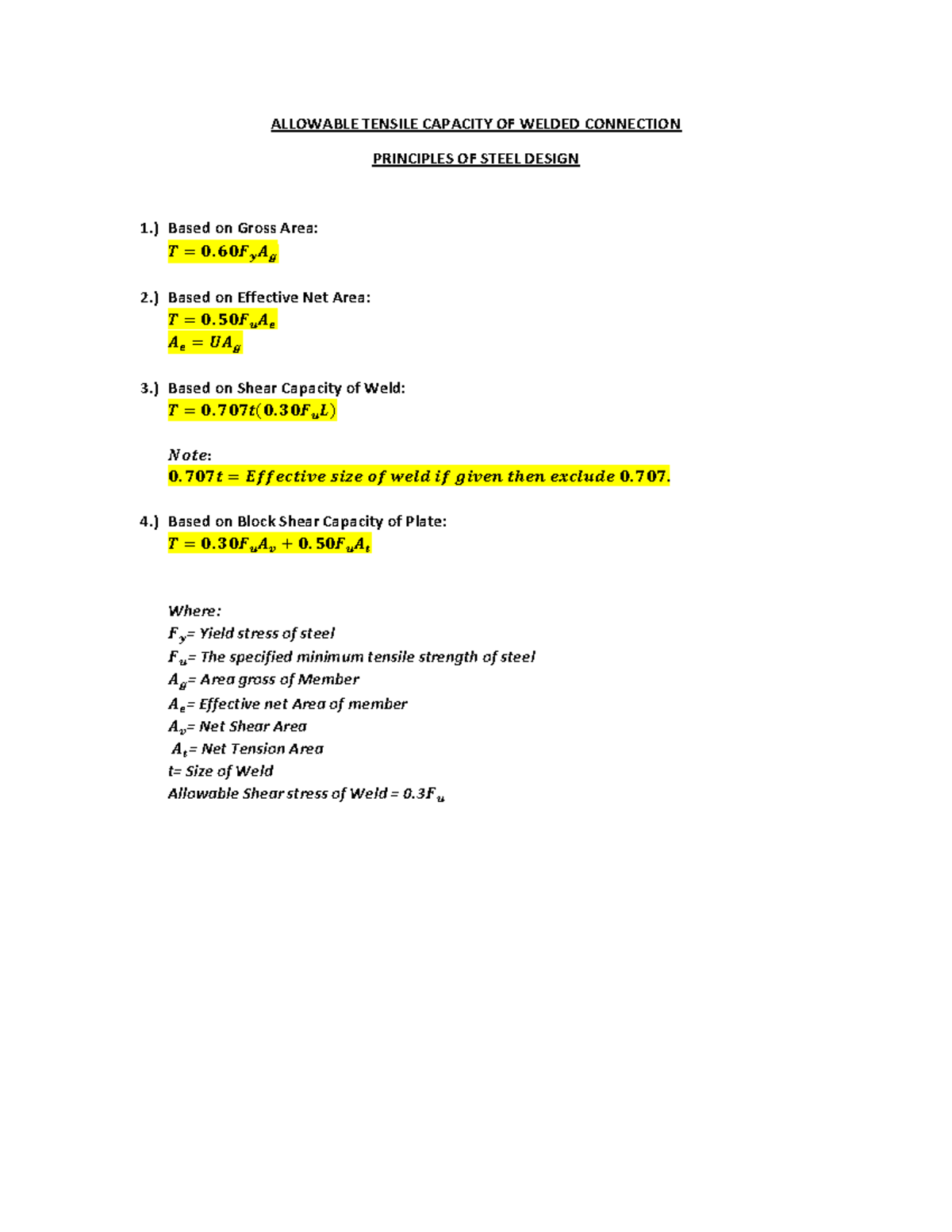 Allowable Tensile Capacity OF Welded Connection - ALLOWABLE TENSILE ...