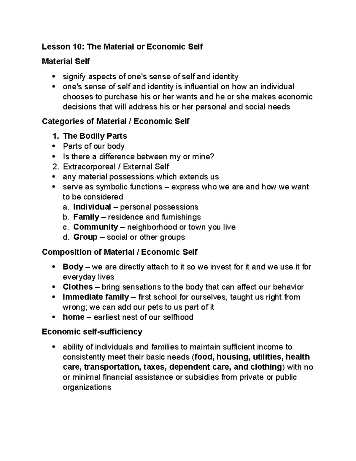 GEN 002 Lesson 10 - Lesson 10: The Material or Economic Self Material ...