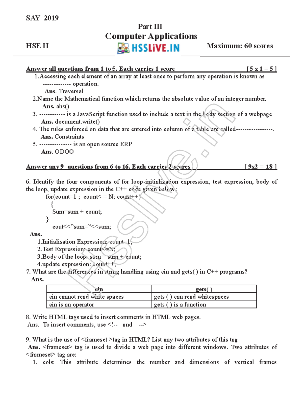 Computer Application Questions to Refer - SAY 2019 Part III Computer Applications HSE II Maximum ...