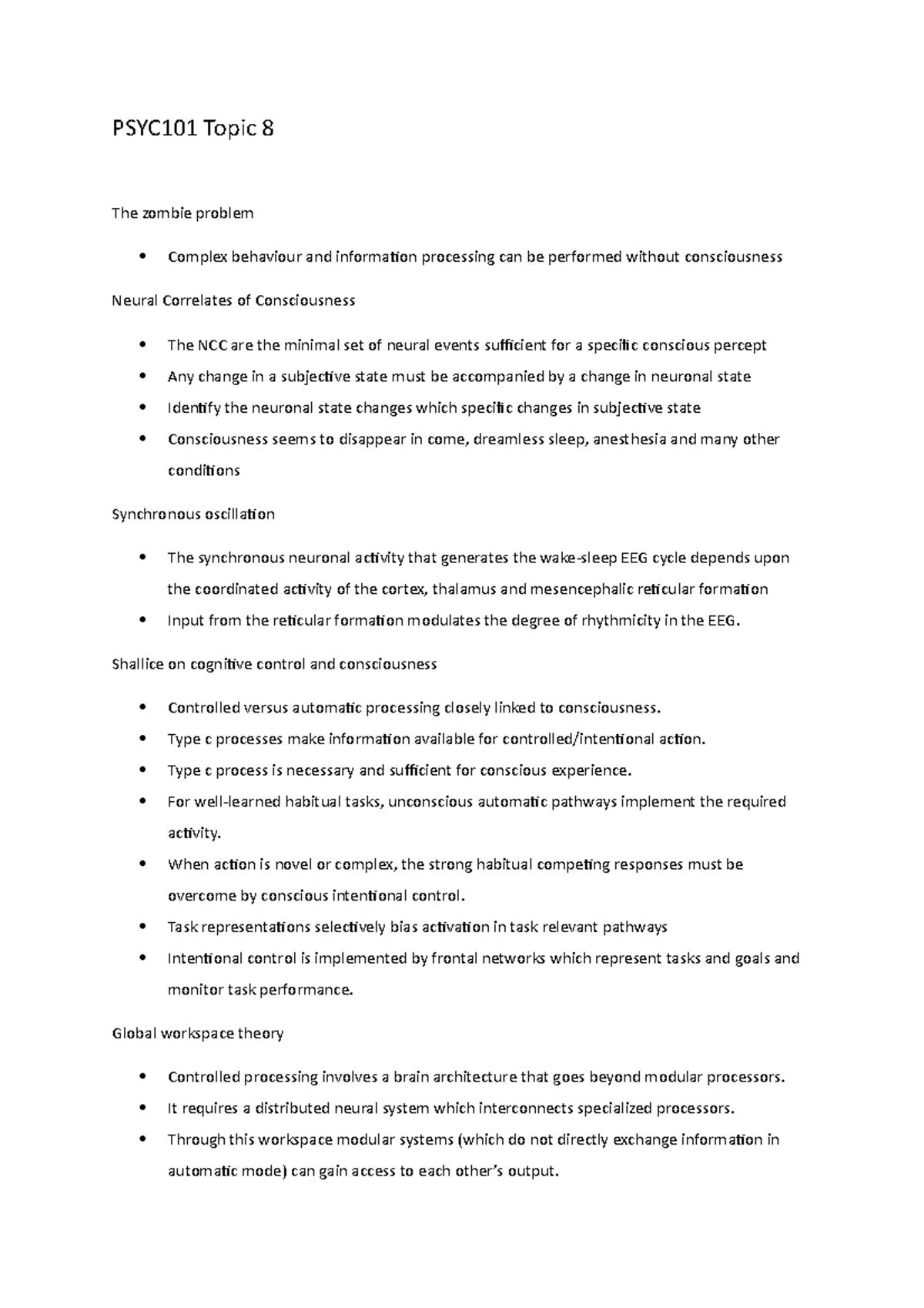 PSYC101 Topic 8 - The brain and the conscious - PSYC101 Topic 8 The ...