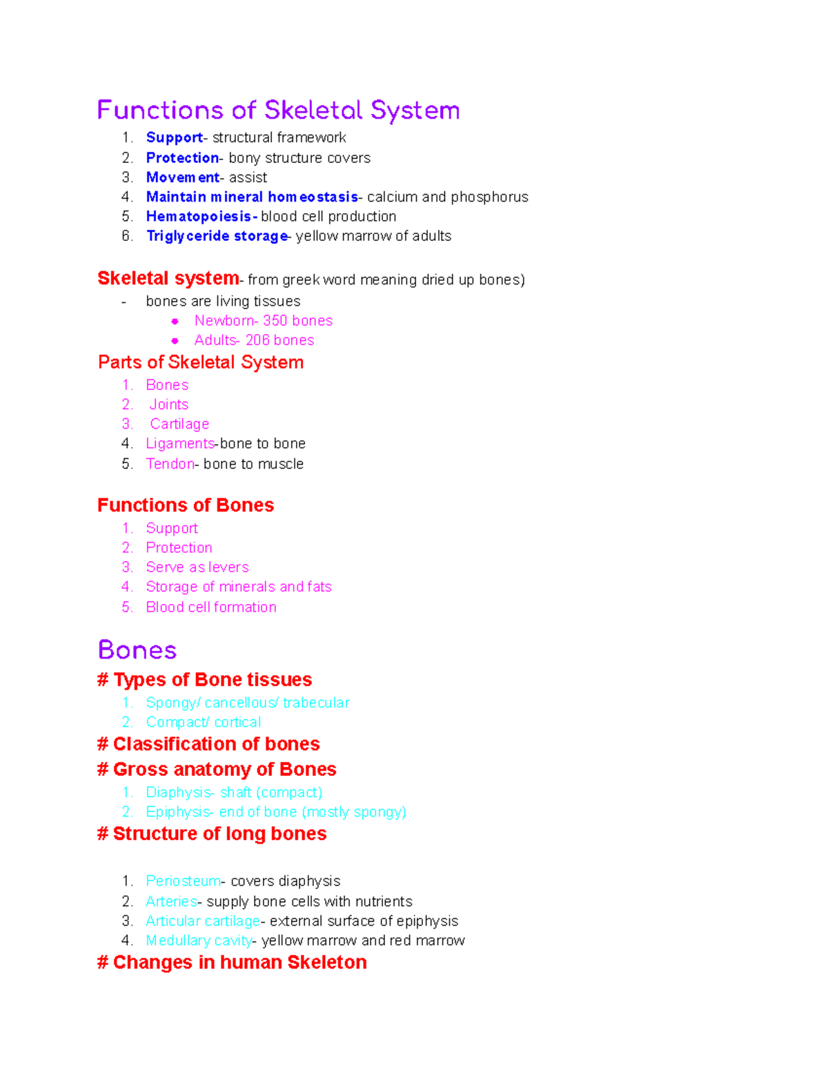Skeletal (notes) - Functions of Skeletal System Support- structural ...